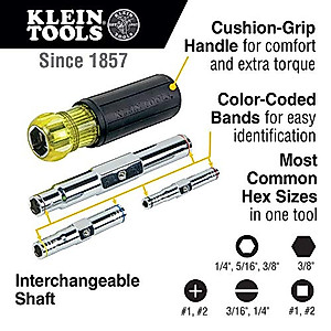 Klein Tools 32800 Nut Driver, 6-in-1 NutDriver Set, SAE Standard Six Point Hex Sizes with Heavy Duty Hollow Shaft