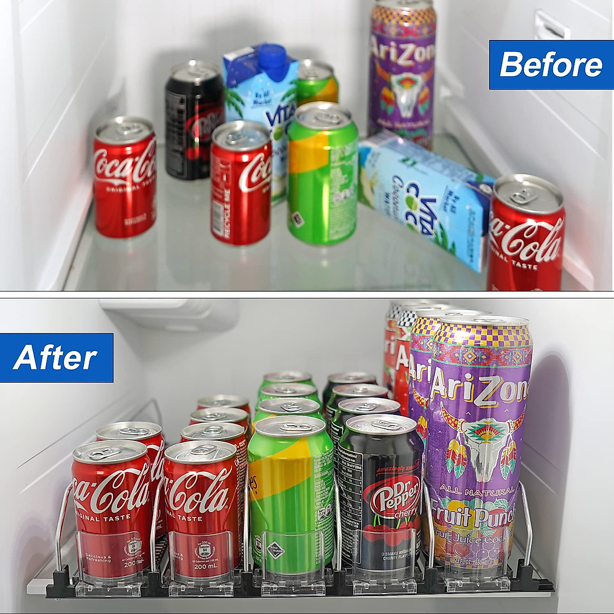 BUDO Drink Dispenser for Fridge, Soda Can Self-Pushing Organizer, Adjustable Width Beer Pop Water Bottle Storage for Refrigerator Kitchen Pantry (15inch, 5 Rows)