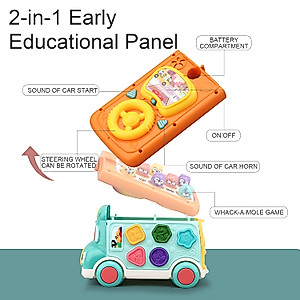 Cute Stone Push Pull Bus Toy, Baby Musical Learning Toys with Sound & Light, Whack-a-Mole Game, Shape Matching, Gear, Toy Clock, Activity Bus Toy Early Education Gift for Toddler Boys Girls