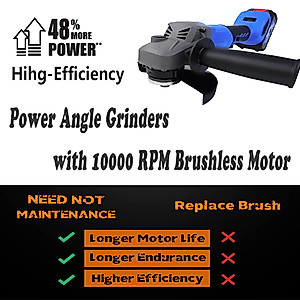 Cordless Angle Grinder Brushless Power Angle Grinder, 10000 RPM Rotation Angle Grinder with Rubber Auxiliary Handle, 115 mm Cordless Grinder with 3000MAH Battery and Fast Charger