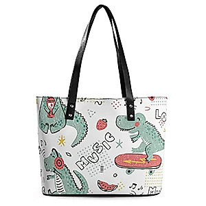 Womens Handbag Dinosaur Skateboard Dino Pattern Leather Tote Bag Top Handle Satchel Bags For Lady