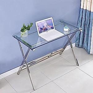 SMARTIK Modern Glass Computer Desk, Clear Study Table - Gaming Desks, Study Desk, and Workstation Table for Small Spaces - Stainless Steel Frame 43.5" x 21.7" x 29.9"