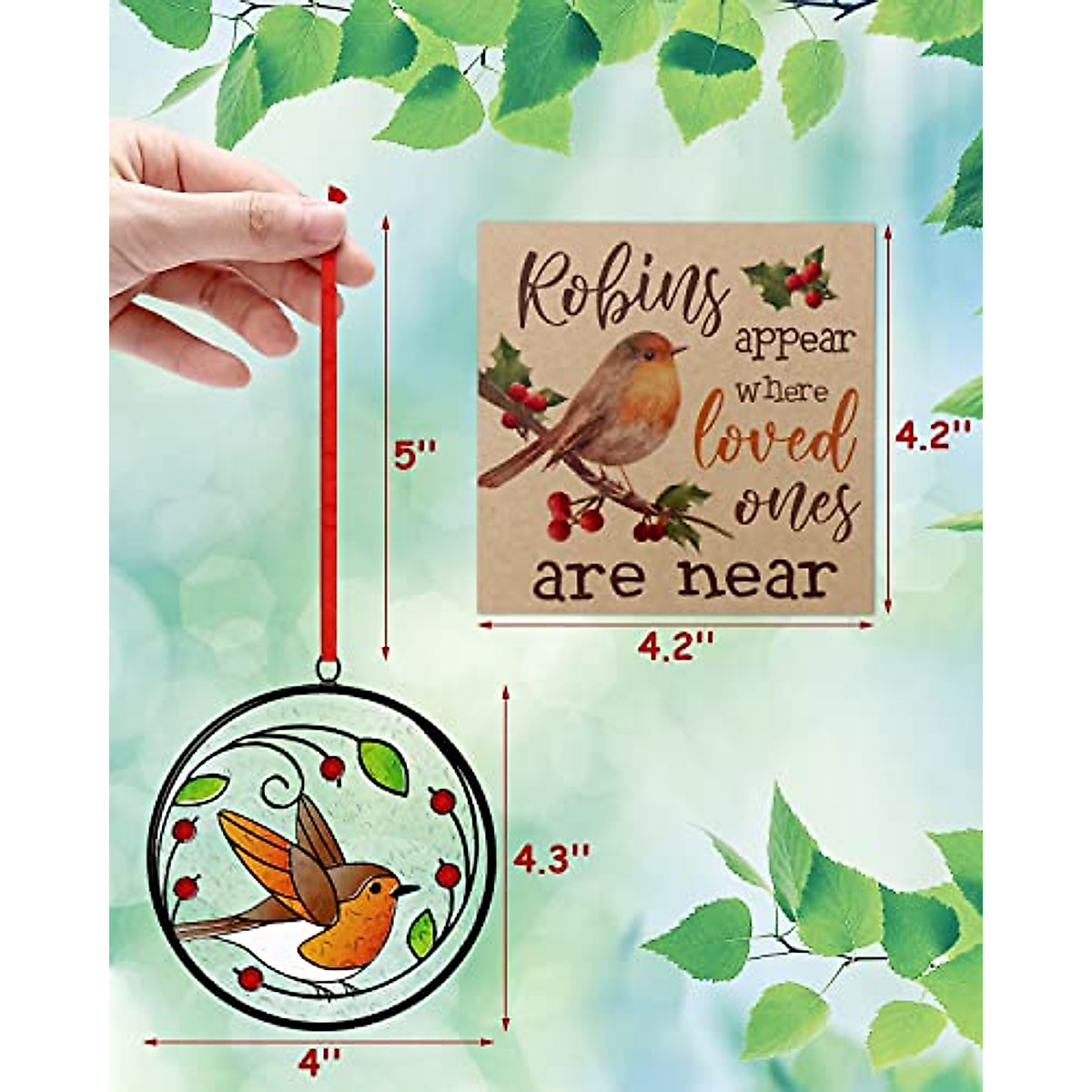 Bird Stained Glass Suncatcher Robin Bluebird Hand Painted Ornament Wall Window Hanging Double Side Redbreast Decor Birthday Lover Gift Box for Mom Grandma Teacher Women Friend with Memorial Card