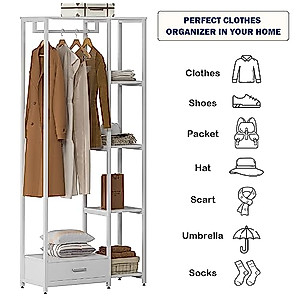 SogesHome Hall Tree with 1-Drawer, 3-in-1 Wood Cloth Garment Racks, Coat Stand with 4-Tier Side Storage Shelves, Home Storage Stand Open Display for Living-room, Bedroom, White
