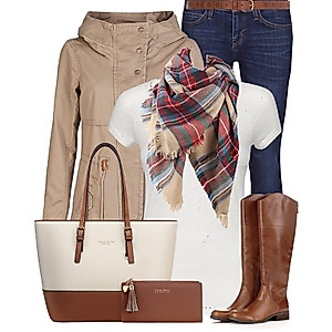 Jocose Moose Handbags for Women Wallet Tote Bag Shoulder Bag Top Handle Satchel Purse Set 3pcs (Beige + Brown)