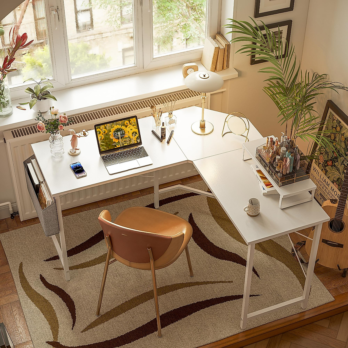 CubiCubi L Shaped Gaming Desk, 47.2 inch Computer Corner Desk with Monitor Shelf for Home Office Study Writing Workstation, White