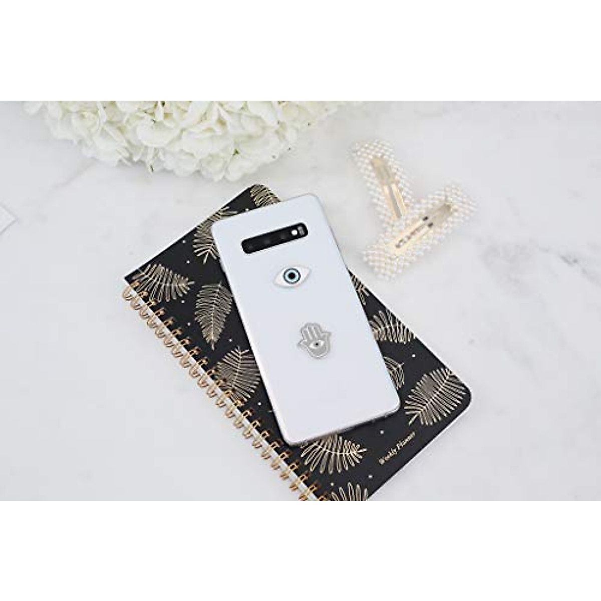 Metal Charm Stickers for Cell Phone Cases. Evil Eye and Hamsa Set of 2 Reusable & Removable Leaves No Residue. Universal Spiritual Symbols of Protection and Good Luck. (Evil Eye and Hamsa Hand.)