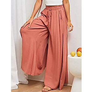 Xiaowhite Linen Pants for Women High Waisted Elastic Drawstring Wide Leg Trousers Casual Gaucho Beach Flowy Palazzo Pants for Women Dressy Spring Summer Boho Clothes Outfits 2023(Orange,XL)