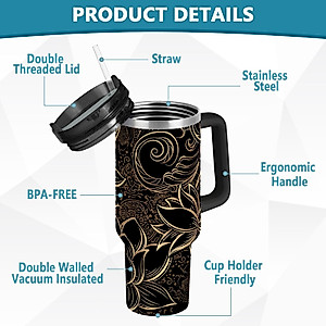 Yasala Car Tumbler with Handle Golden Lotus Floral Travel Mug Coffee Cup Insulated Beverage Container Mega Cup for Hot Cold Drinking Thermos Water Bottle Cupholder Friendly 40 oz