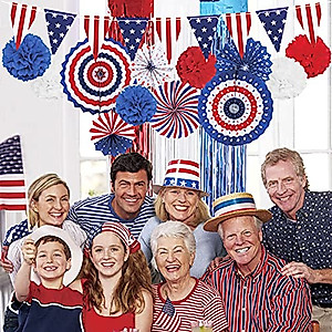 MOVINPE 4th of July Patriotic Party Decorations Set, American Flag Hanging Paper Fans, Pompoms Flowers, Foil Fringe Curtain, Star Streamers, USA Pennant Bunting Independence Day Party Supplies