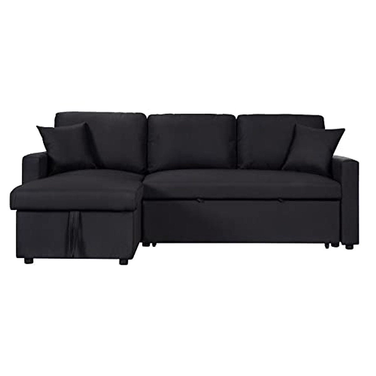 FurniFusion Living Room L-Shape Linen Reversible Sleeper Sectional Sofa with Storage Chaise, Black Corner Couch with Arms for Home Furniture, Apartment, Dorm, 82 Inch