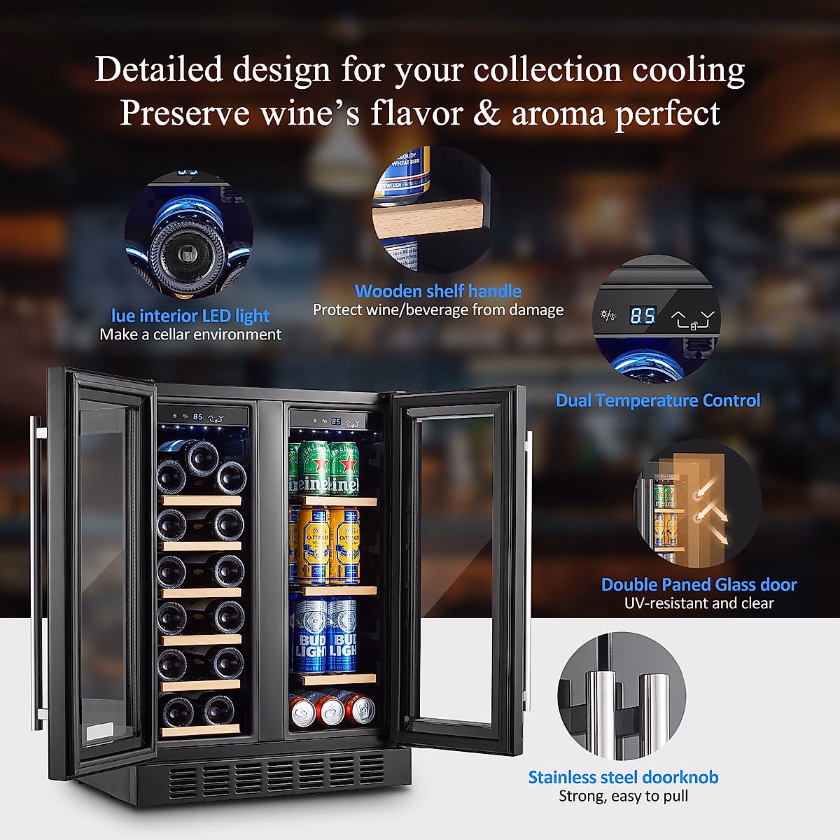 BODEGACOOLER 24 Inch Wine and Beverage Refrigerator, Dual Zone Wine Cooler Refrigerator, Wine and Beer Refrigerator Under Counter Cooling With Compressor,Hold 21 Bottles and 57 Cans [Black]