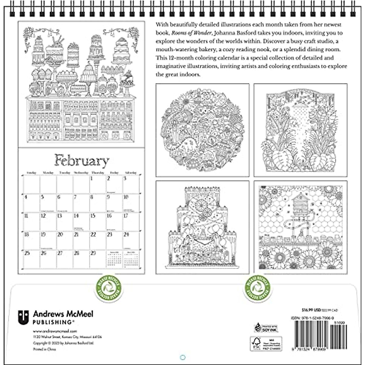 Johanna Basford 2024 Coloring Wall Calendar: Rooms of Wonder