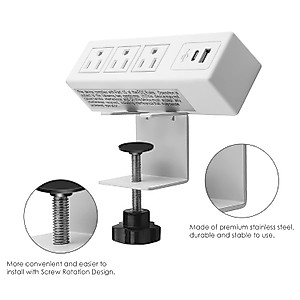 White Desktop Clamp Power Strip with USB, Surge Protector Power Charging Station Outlet with 3 Plugs 1 USB A 1 USB C PD Fast Charging Outlets, Desk Mount Multi-Outlets for Home Office Garage Workshop