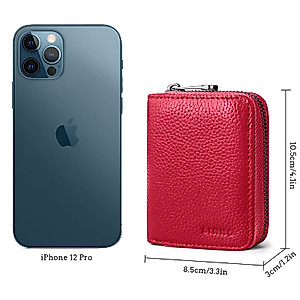 Linno RFID 20 Card Slots Credit Card Holder Genuine Leather Small Card Case for Women or Men Accordion Wallet with Zipper (Red)