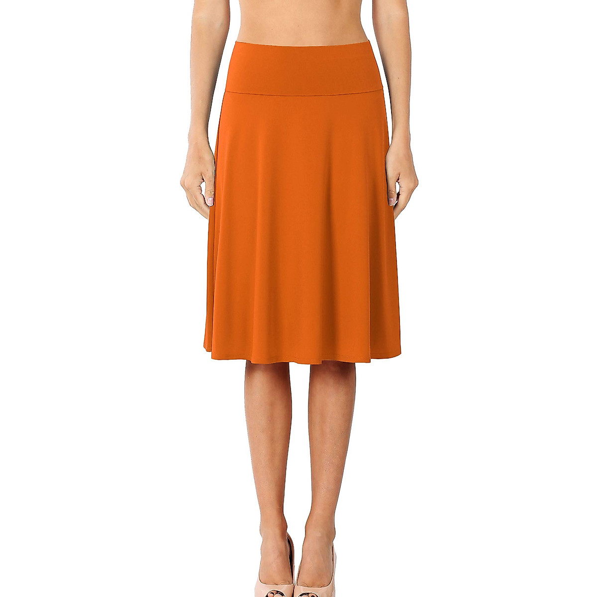 Nolabel 7502 Women's Knee Length A-Line Ruched Flared Skirt with Fold Over Elastic Waist Band Almond, Large