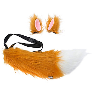 LA CARRIE Plush Tail and Ears Faux Fur Animal Fox Wolf Costume Kit for Unisex Kids Adult Party Halloween Fancy Dress Cosplay(Khaki)