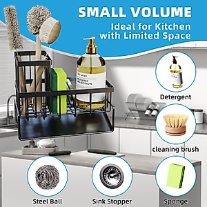 Sponge Holder for Kitchen Sink - Rustproof Sink Caddy with Brush Holder, Self-Drainage Kitchen Sink Organizers and Storage Dish Soap Dispenser Home Essentials Organization Accessories, Black