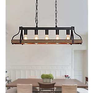 MEIXISUE Rustic Kitchen Island Dining Room Light Fixture Farmhouse Linear Chandelier Black and Retro Wood Finish 5-Light Industrial Metal Hanging Pendant Light UL Listed L33.5 W10.6