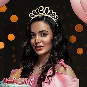30th Birthday Crown and Birthday Sash 30th Birthday Decorations for Women 30th Birthday Tiara Headbands 30th Birthday Gift for Women (Gold)