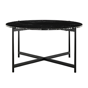 Danya B. Round Contemporary Marble Finish Veneer Top Black Metal Large Coffee Table - White or Black Marble (Black Marble)