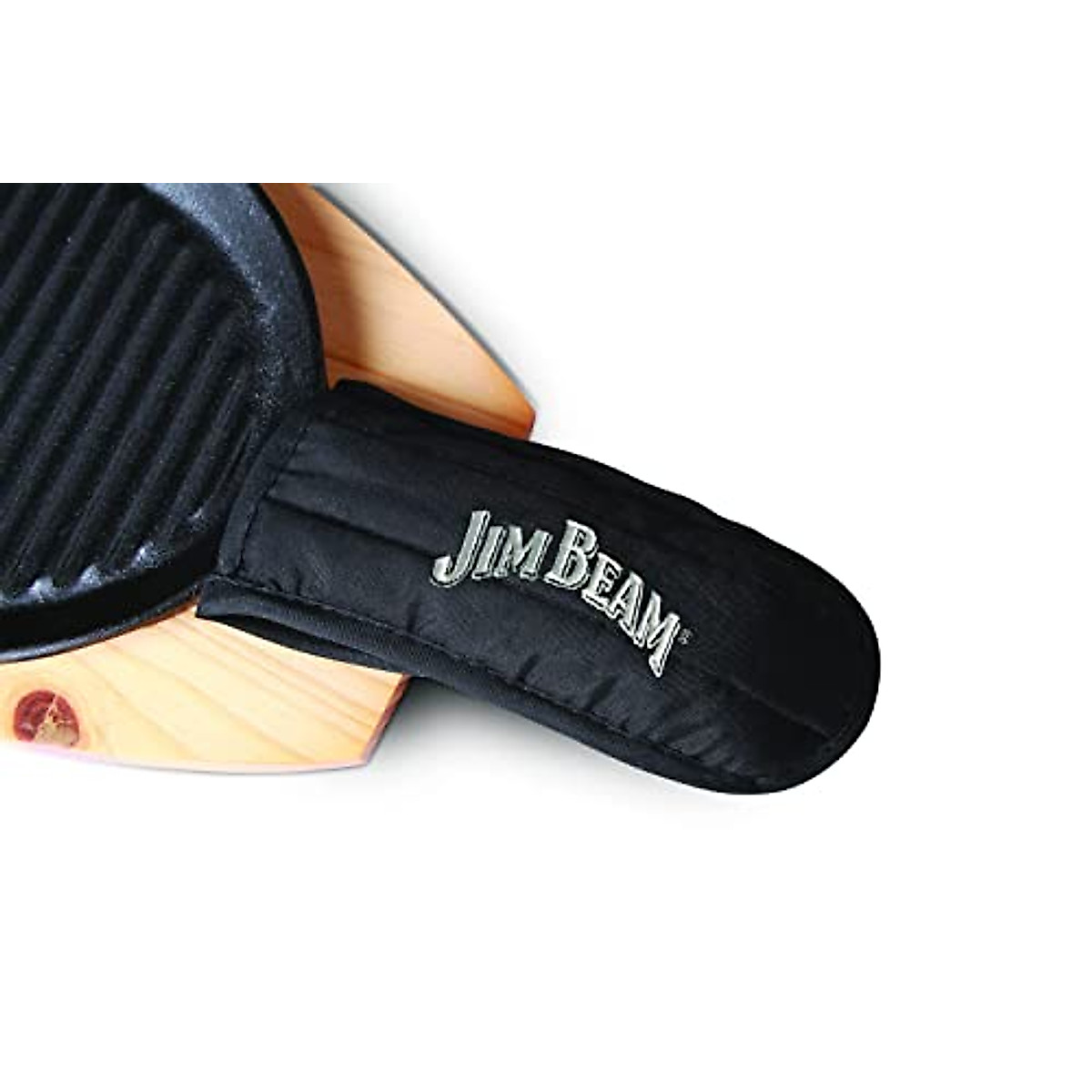 Jim Beam JB0159, Heavy Duty Construction, Pre Seasoned Cast Iron Skillet with Wooden Base and Mitt, Black,Small