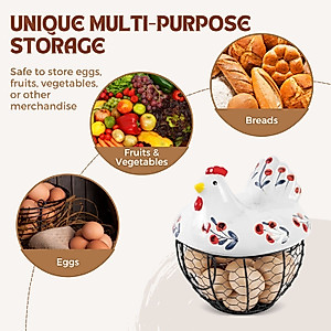Flexzion Chicken Egg Basket - Wire Chicken Egg Basket with Ceramic Chicken Cover and Handles - Rustic Country Farmhouse Decor Countertop Egg Holder, Rustic Cherry