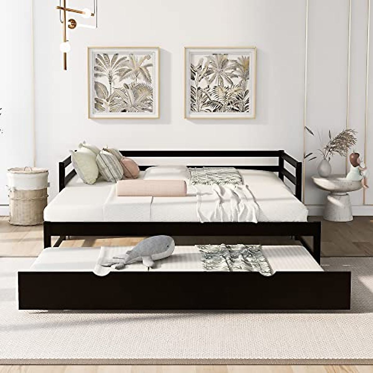 Merax Wood Daybed with Pop Up Trundle Twin to King Triple Sofa Bed for Kids Teens Adults/No Box Spring Needed Espresso