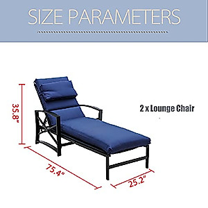 LOKATSE HOME 2 Piece Patio Chaise Lounge Chair Outdoor Furniture Set All Weather Metal Adjustable Backrest and Armchair with Removable Comfy Cushions, Blue