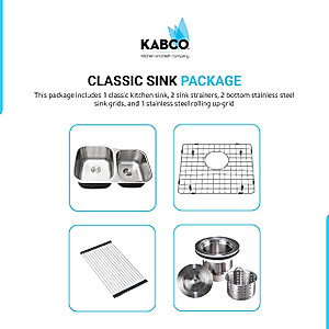 KABCO 32 Inch Double Unequal Bowl Classic Kitchen Sink with Sink Strainers, Sink Grids, Rolling Up Grid and a Removable Garbage Basket 16 Gauge Undermount Rust, Sound and Heatproof