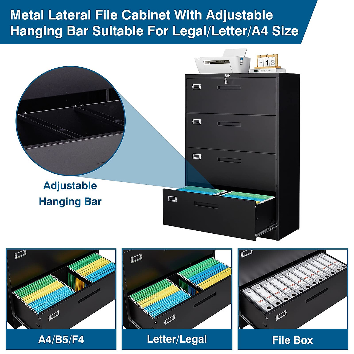 PEUKC 4 Drawer File Cabinet, Lateral Filing Cabinets for Home Office, Office Storage Drawers with Lock, Hanging Files Legal/Letter A4 Size (Assemble Required,Black)