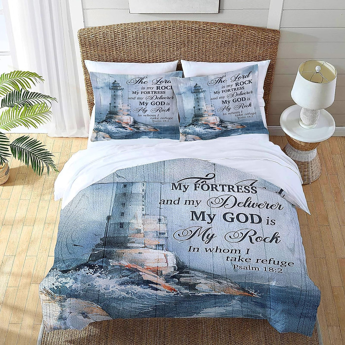 Christian Bedding Set Nautical Lighthouse Duvet Cover Twin Full Queen King Size Comforter Cover for Kids Adults Men Women Ocean Theme Quilt Cover Decorative Soft Bedding Set with 2 Pillowcases