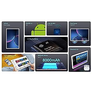 JUSYEA 2023 Android 12 J10 Tablet : 10 Inch Tablets 4GB RAM, 64GB+128GB ROM, Octa-core processors-8000mAh Battery, 5G+2.4G Wi-Fi, Bluetooth 5.0, with Mouse丨 Keyboard and More - Gold