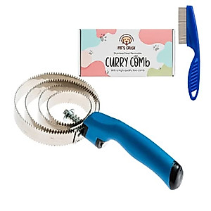 Curry Comb Pet Brush | Stainless Steel Spiral Horse Brush For Puppy, Dog, Cat, Horse | Multi- Function Deshedding Undercoat Grooming Tool With Double Sided Tooth Edges | Includes Hoof Pick With Brush