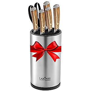 Laxinis World Universal Knife Block, Stainless Steel Round Knife Holder with Scissors-Slot, Counter-top Storage, Holds 12 8.5”-Blade Knives, 9” by 4.5” (knives not included)