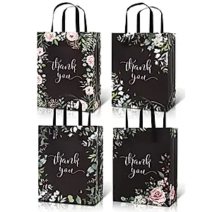 AnyDesign Floral Thank You Gift Bags with Handles Black Thank You Goody Bags Flower Kraft Paper Treat Bags Party Favor Bags for Wedding Birthday Baby Shower Party Favors, 4 Designs, 20Pack