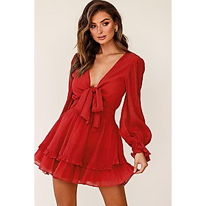 Dokotoo Womens Casual Spring Summer Sexy V Neck Ruffle Elegant Long Sleeve Empire Waist Tie Knot Cute Chiffon Boho Beach Tunic Swing A Line Flowy Mini Short Skater Dresses for Women 2024 Red M