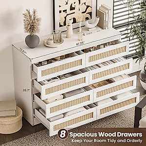 Patikuin 8 Drawer Double Dresser for Bedroom, Rattan Chest of Dressers, Modern Wooden Dresser Chest, Beside Table for Closet, Nursery, Living Room and Entryway, White