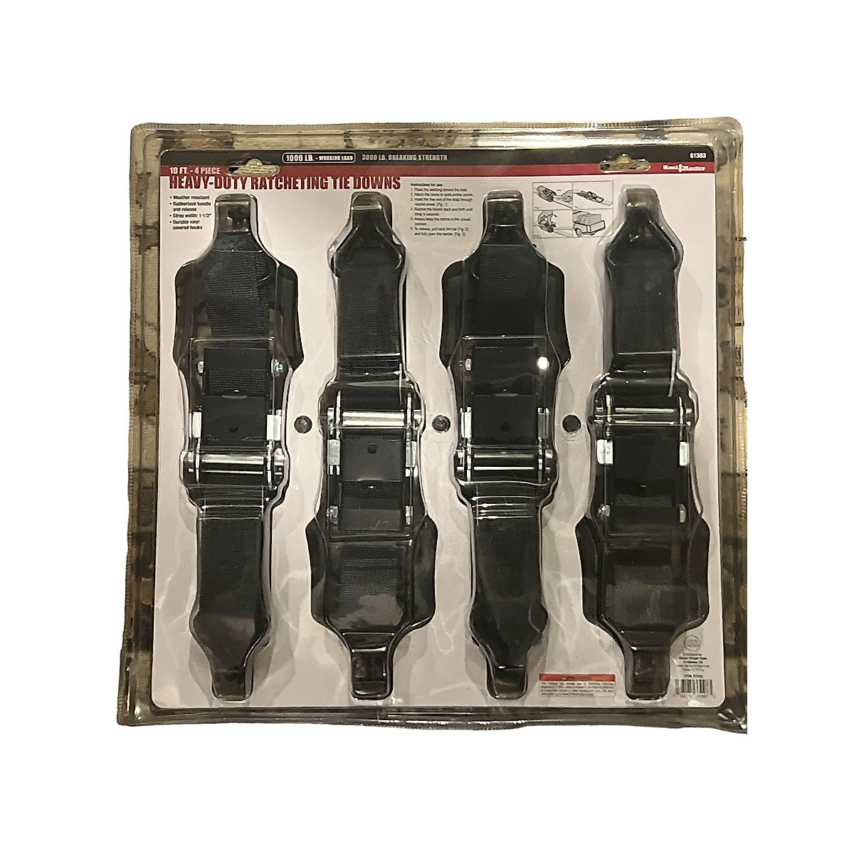 1000 lb. Capacity 1-1/2 in. x 10 ft. Ratcheting Tie Down Set of 4 Haul-Master - Item#61303