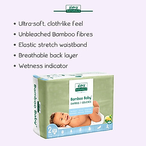Aleva Naturals Hypoallergenic Bamboo Baby Diapers for Baby, Ultra Soft, Sensitive Skin Friendly, Biodegradable, Disposable– Size 2 (6-17 lbs/3-8 kg) | 30ct,37845