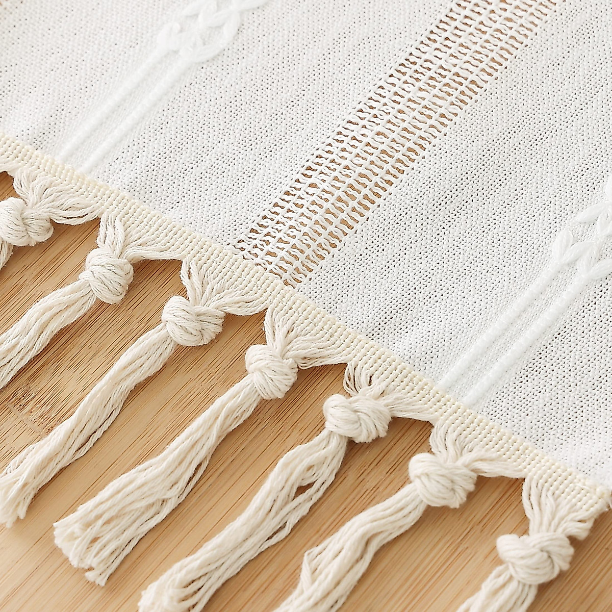 Rustic Linen Table Runner Farmhouse Striped Embroidered Boho 48 Inches Long Table Runners Hollow Handmade Woven Tassel for Kitchen Dining Holiday Wedding Party Home Decor ( White, 14" W X 48" L)