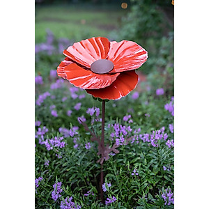 Desert Steel Flower Torch - (Red Poppy, 36" H x14 W) - Metal Art Citronella Garden Torch & Pathway Light w/Refillable Lamp Oil Canister