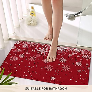 Christmas Bath Rugs White Snowflake Sponge Doormat Absorbent Non Slip Backing Durable Soft Flannel Mat Red Christmas Memory Foam Mats Carpet for Bathroom Kitchen, 18 x 30 inch