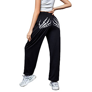 WDIRARA Women's Skeleton Hand Print Elastic Waist Long Jogger Pants Sweatpants Multicolor XL