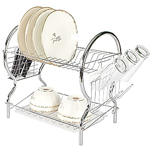 2 Layer 38cm Dish Drainerd Dual Layer Dish Drying Rack Kitchen Collection Shelf Drainer Organizer Over The Sink Mesh Colander Crate and Barrel (Silver, One Size)