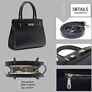 Chinllo Womens Top-Handle Handbag Every day Satchel Leather Purse Crossbody Bag with Long Detachable Strap(Black)
