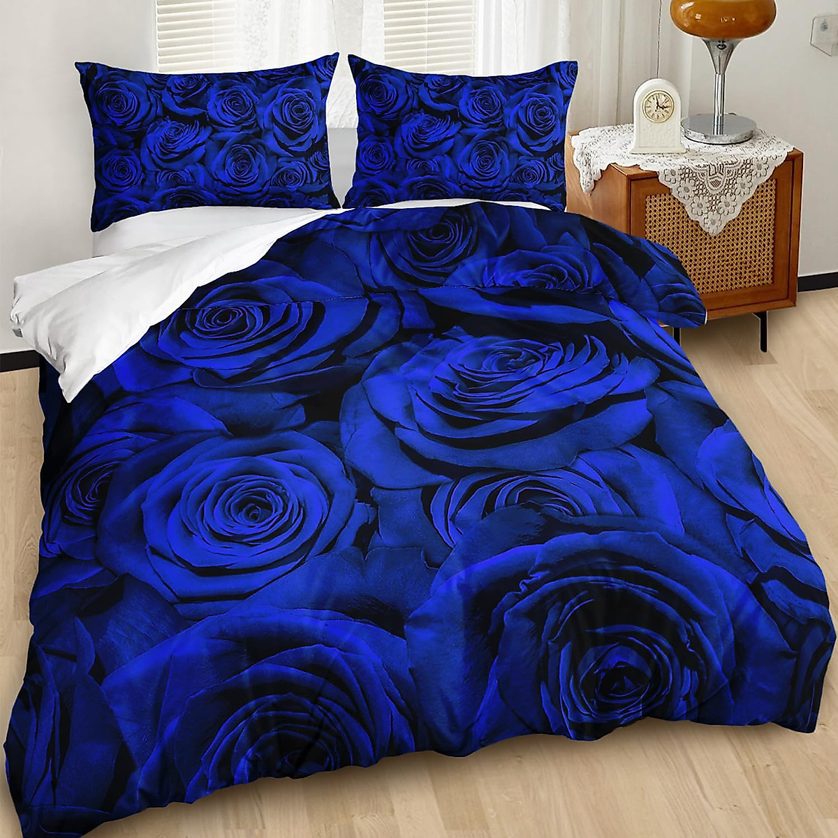 AILONEN Blue Roses Duvet Cover Set Queen Size, Romantic 3D Floral Printed Bedding Set for Lovers,Couple,Wife,Blue Luxury Comforter Cover for Bedroom Decor,1 Duvet Cover 2 Pillowcases,3-Piece