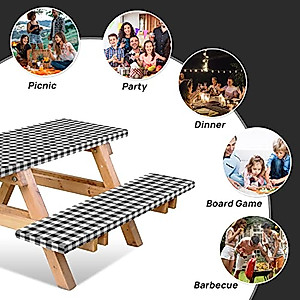 RNOONY Vinyl Fitted Picnic Table Cover with Bench Covers and Bag, Outdoor Waterproof Picnic Tablecloth with Elastic Edges, 72x30 Inches 3 Pcs Set (Black)
