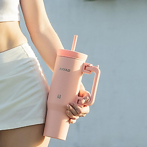 NAYAD 40oz Tumbler with Handle and Straw, Insulated Stainless Steel Travel Mug with Flip Lid & Straw Lid, Coffee Travel Mug Holder Compatible for Travel, Holiday Gift with Foldable Handle,pink tumbler