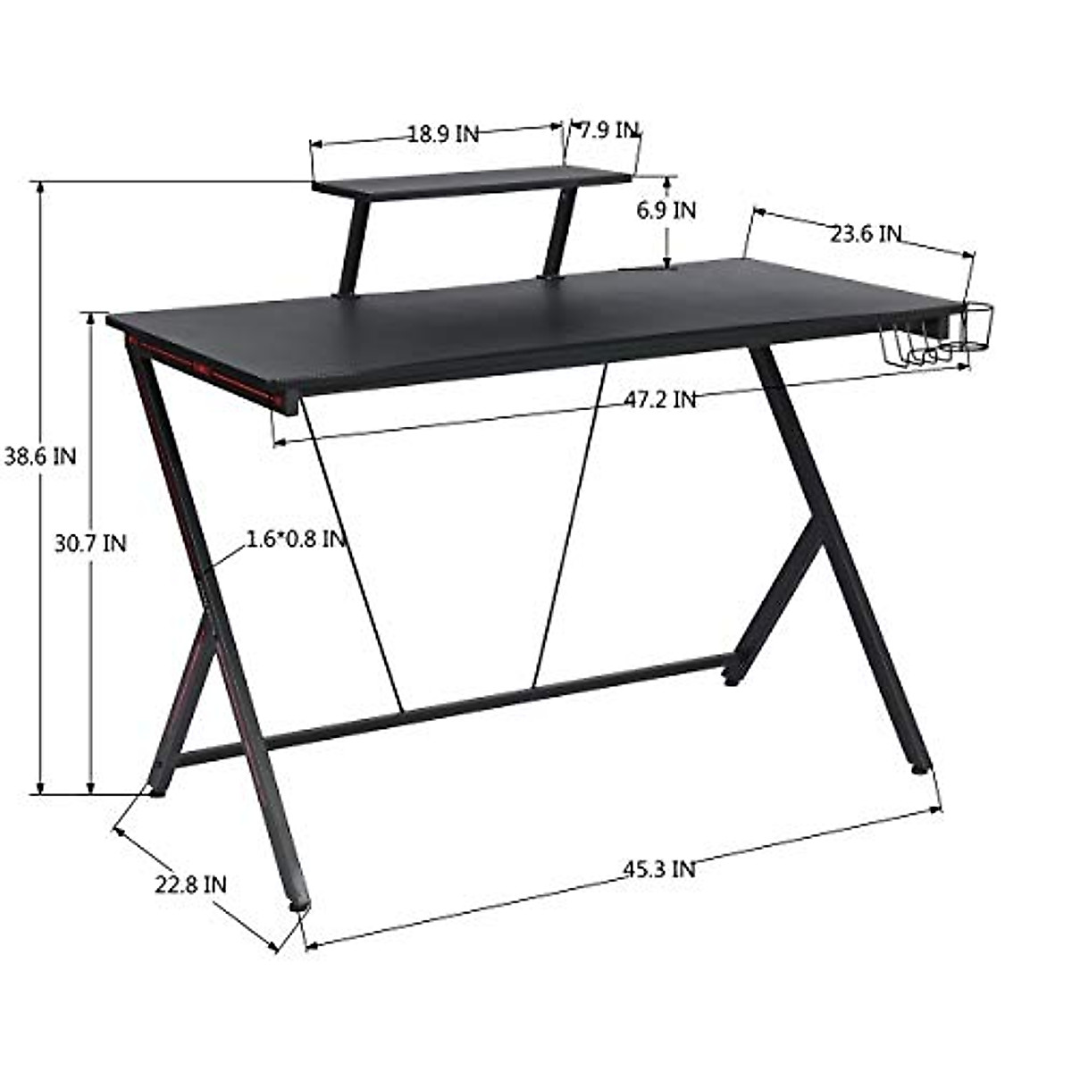 FurnitureR 47'' Gaming Desk with Monitor Stand Computer Gaming Table Home Office Desk with Cup Holder and Headphone Hook, Modern Simple Gamer Game Table, Black